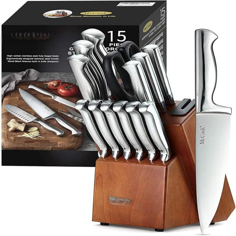 German Stainless Steel Kitchen Knife Block Sets with Built-in Sharpener ...