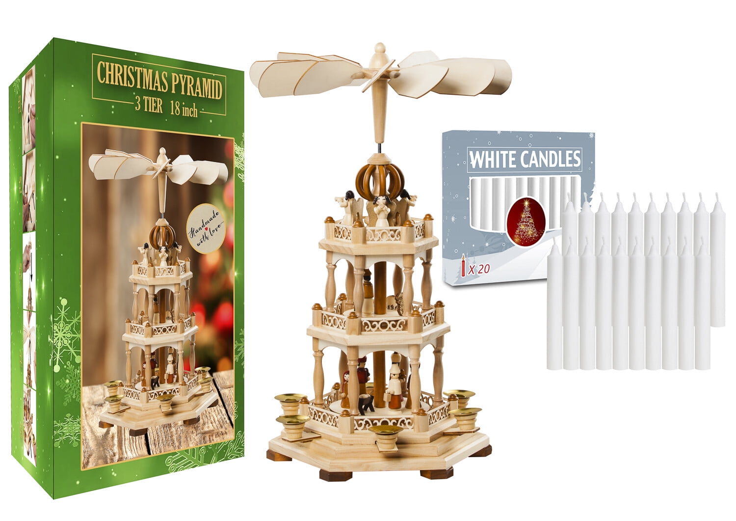German Style Christmas Pyramid Carousel Windmill 18in -20 White Tree ...