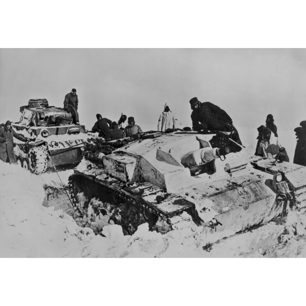 German Tank Stuck In Heavy Snow In Russian In April 1942. Soldiers Use ...