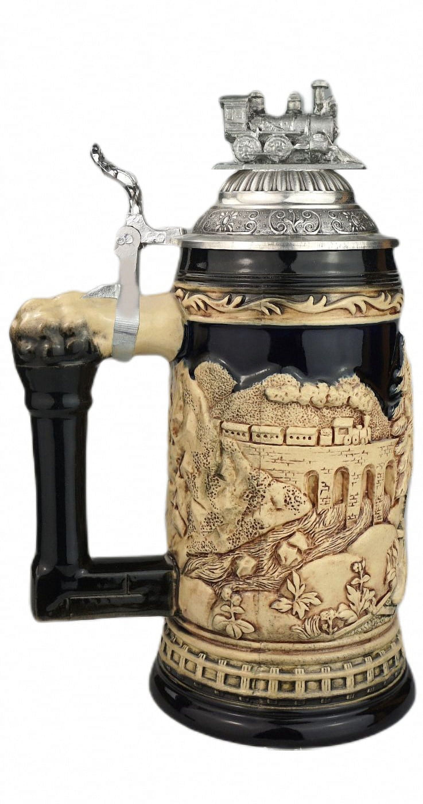 German Train Stein, cobalt, unpainted, ptd. pewter Trainlid, 0.5 liter ...