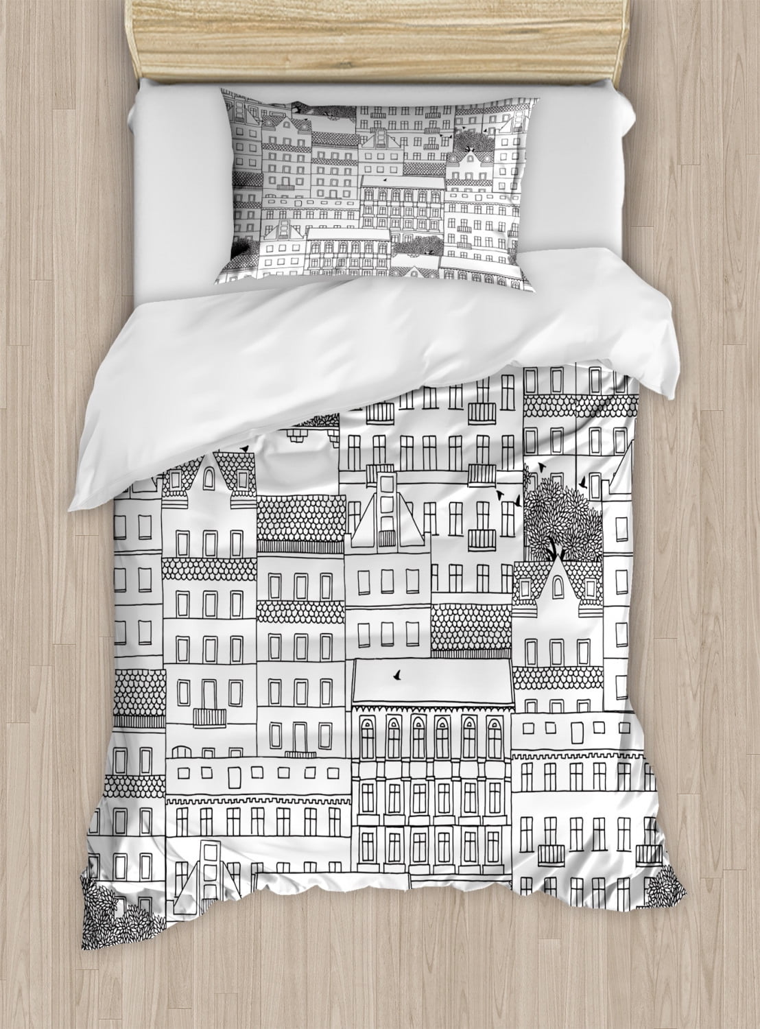 German Twin Size Duvet Cover Set, Hand Drawn German Style Houses ...