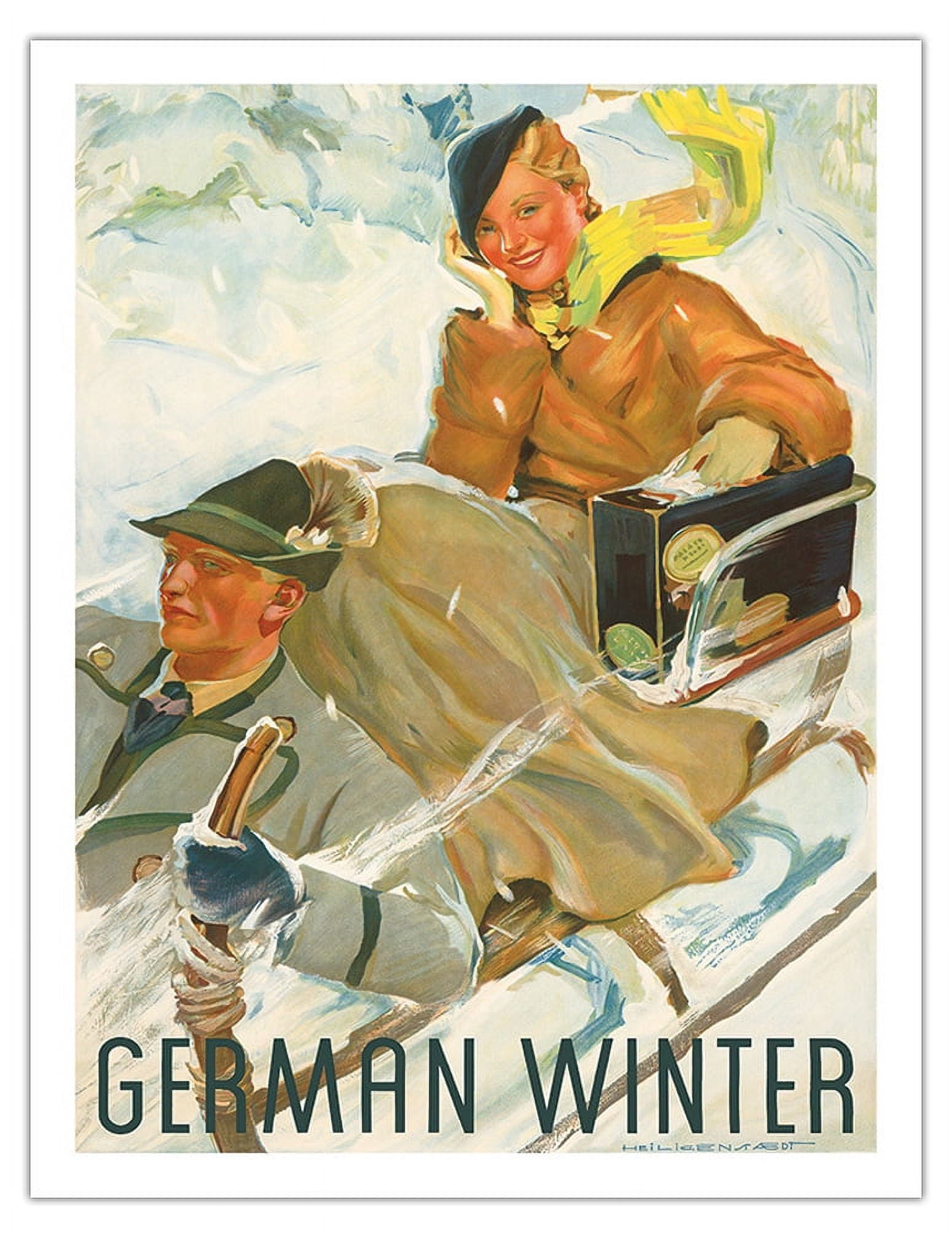 German Winter - Couple Sledding- Germany - Vintage Travel Poster by ...
