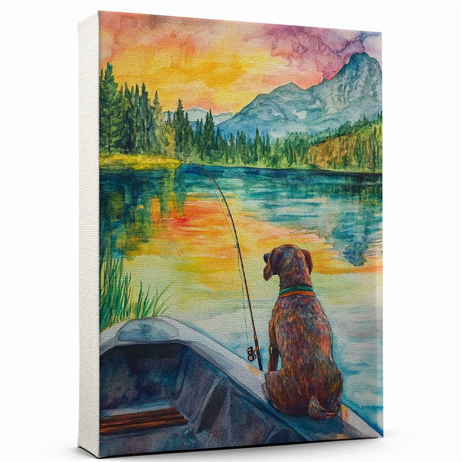 German Wirehaired Pointer Dog Canvas Fishing Stretched Canvas Size 8x12 ...
