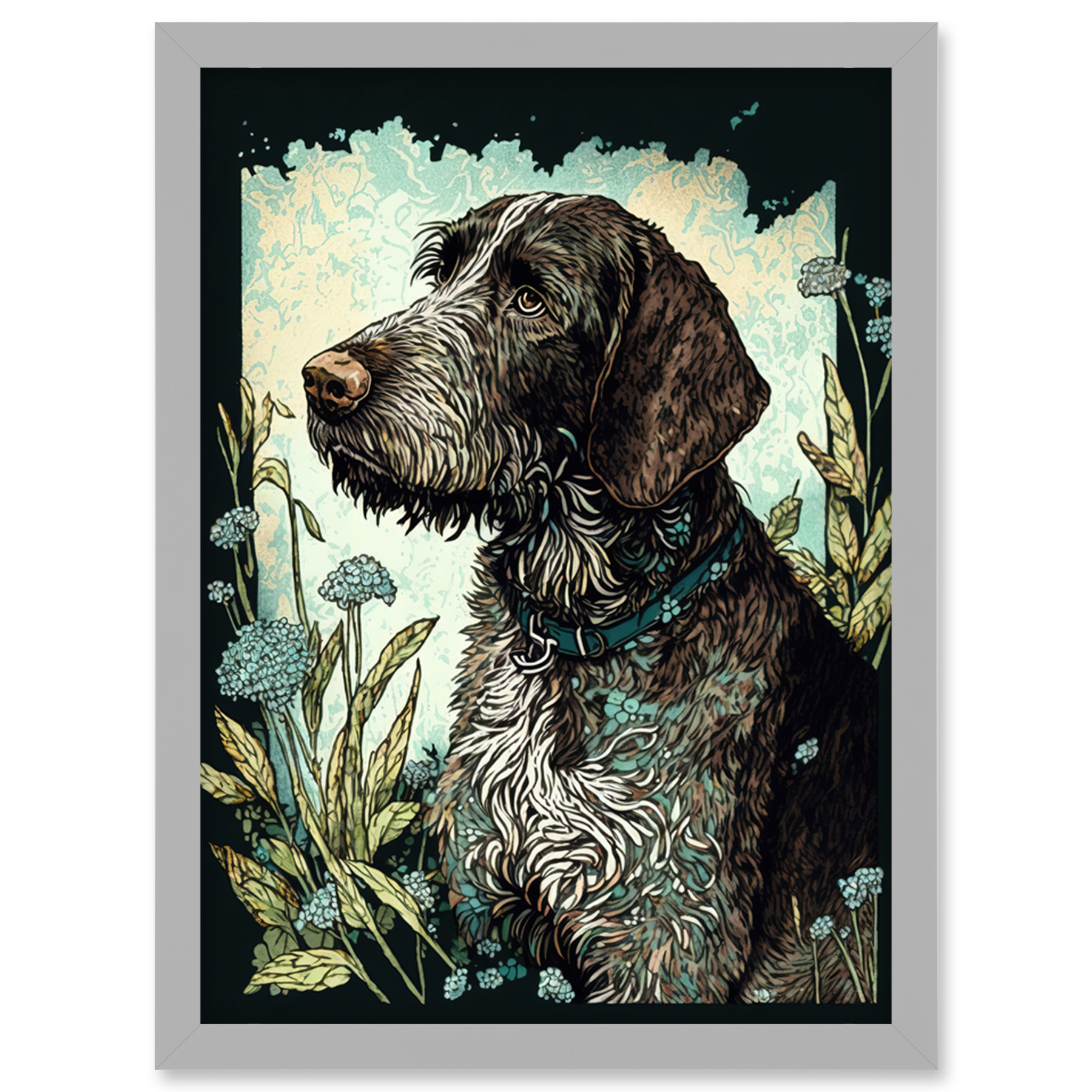 German Wirehead Pointer Dog and Blue Wildflowers Modern Portrait ...