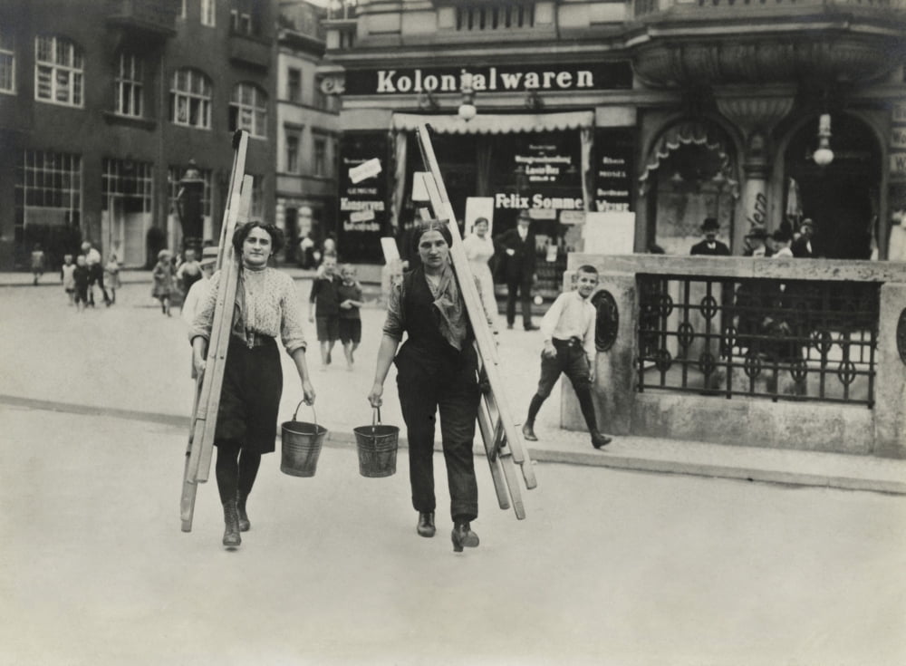 German Women Window Cleaners Dressed For Work Carry Their Tools In A ...
