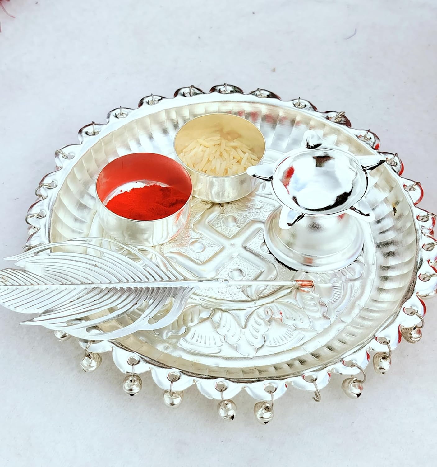 German silver Ghungaru aarti thali set with tika stick small size pooja ...