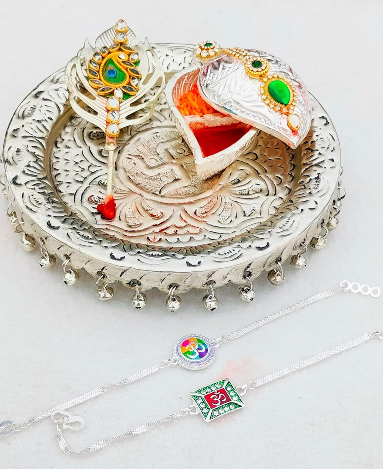 German silver Ghungaru thali with kumkum chopra & tilak stick with 2 ...