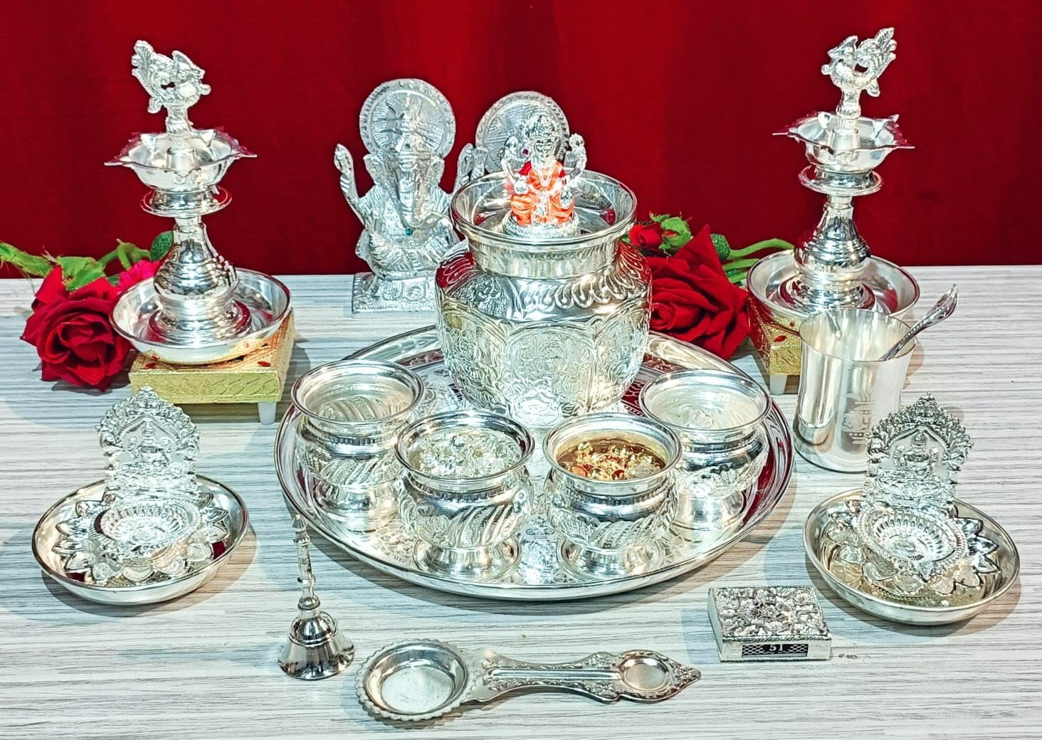German silver Laxmi idol Pooja set - 23 pieces set of 23 pieces for ...