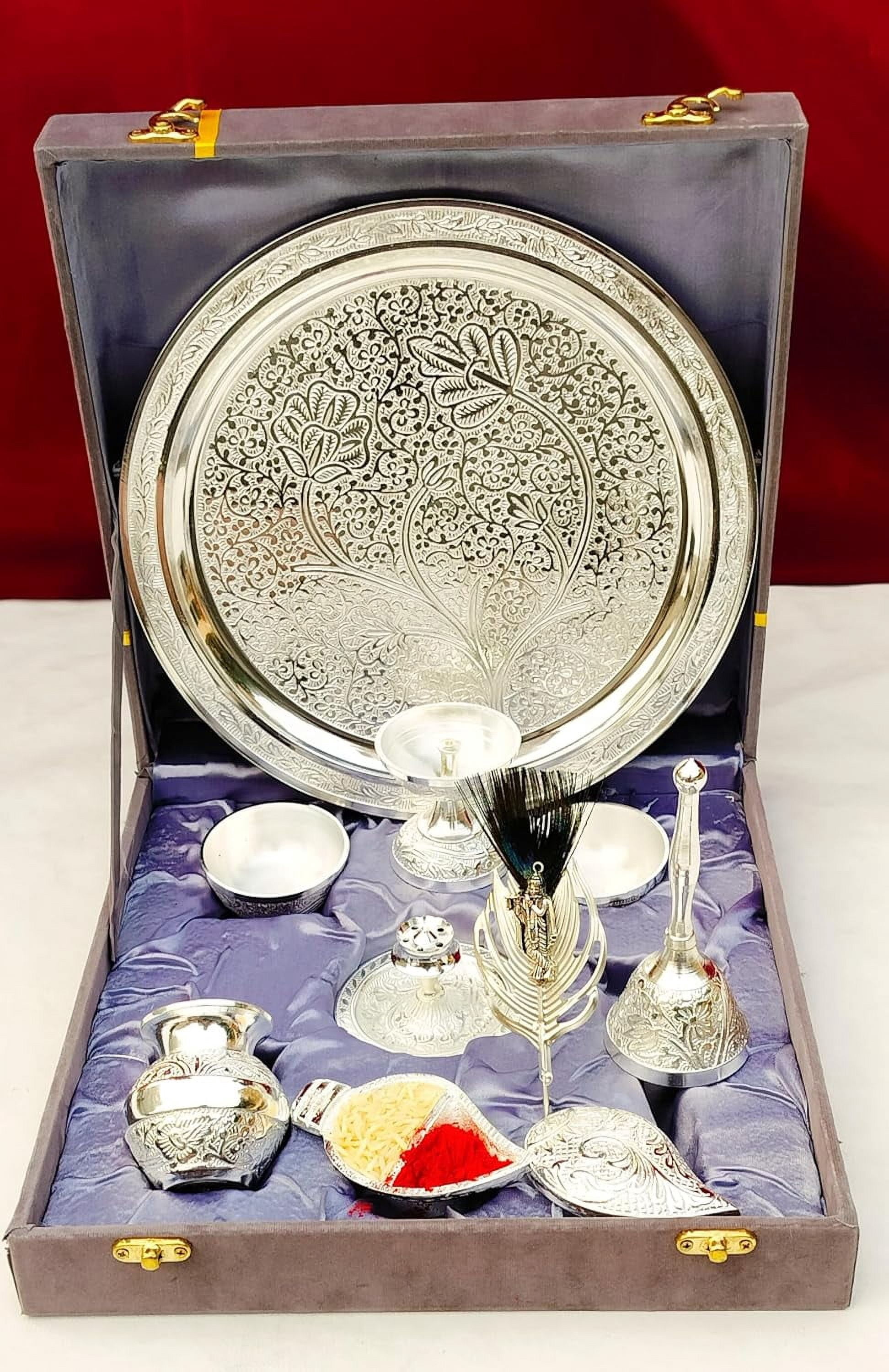German silver Pooja set with flute Krishna Tilak stick for housewarming ...
