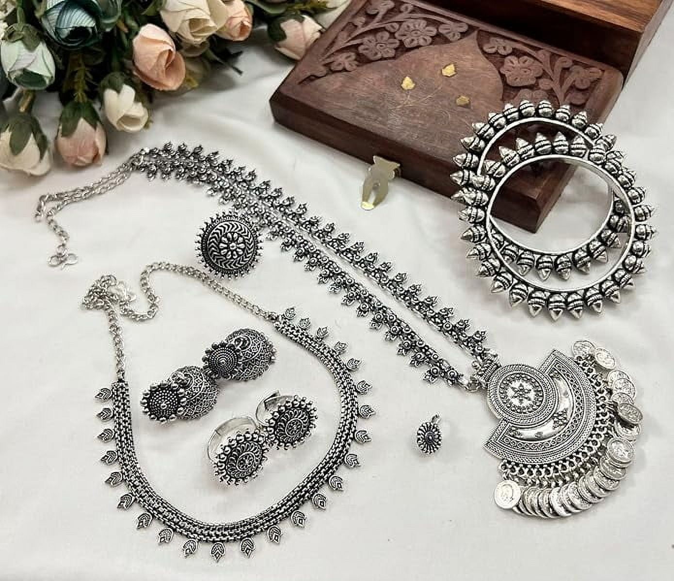 German silver combo of long chain pendant set with matching choker ...