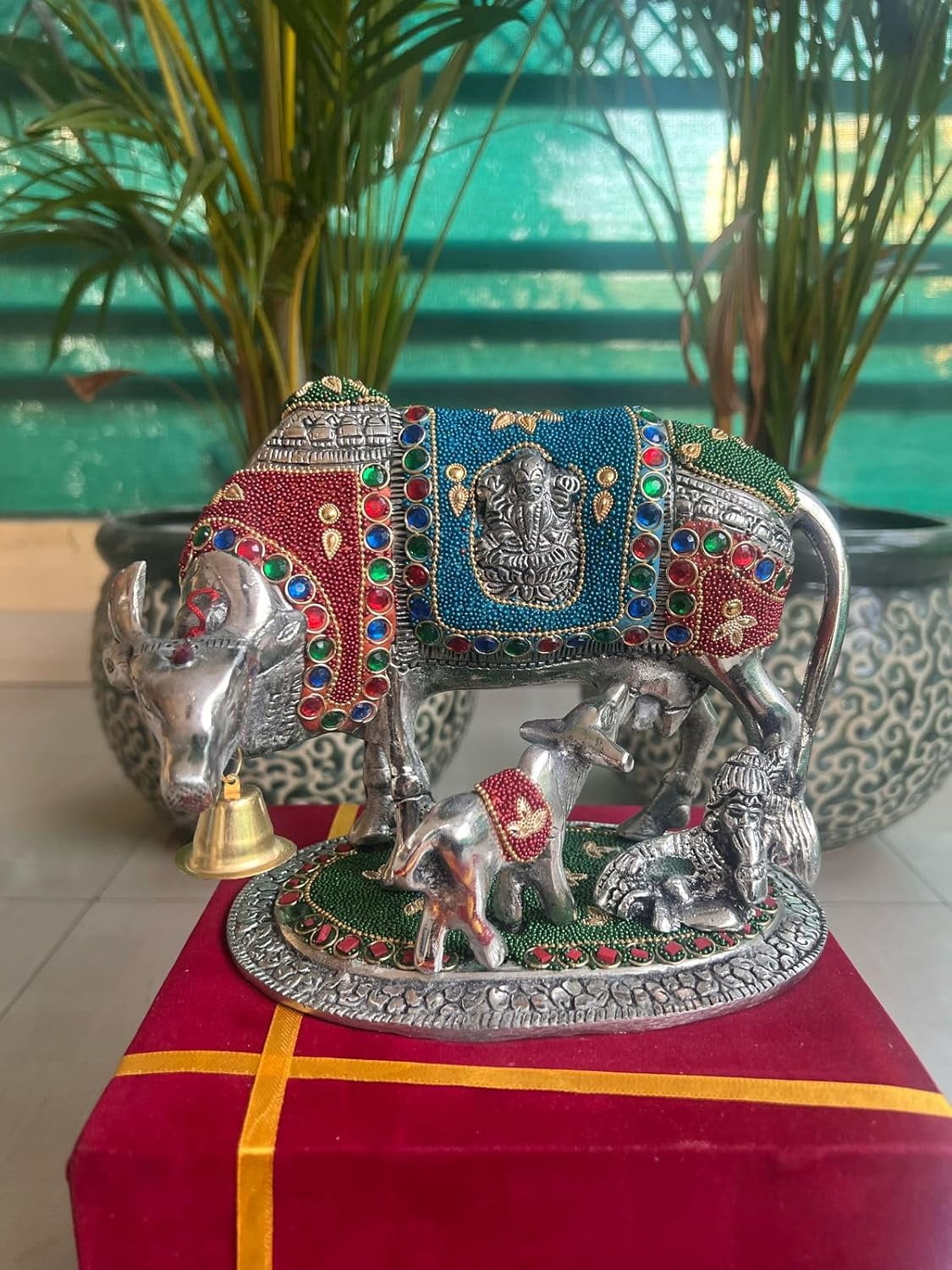 German silver cow and calf statue with stone work for home temple/ gift ...