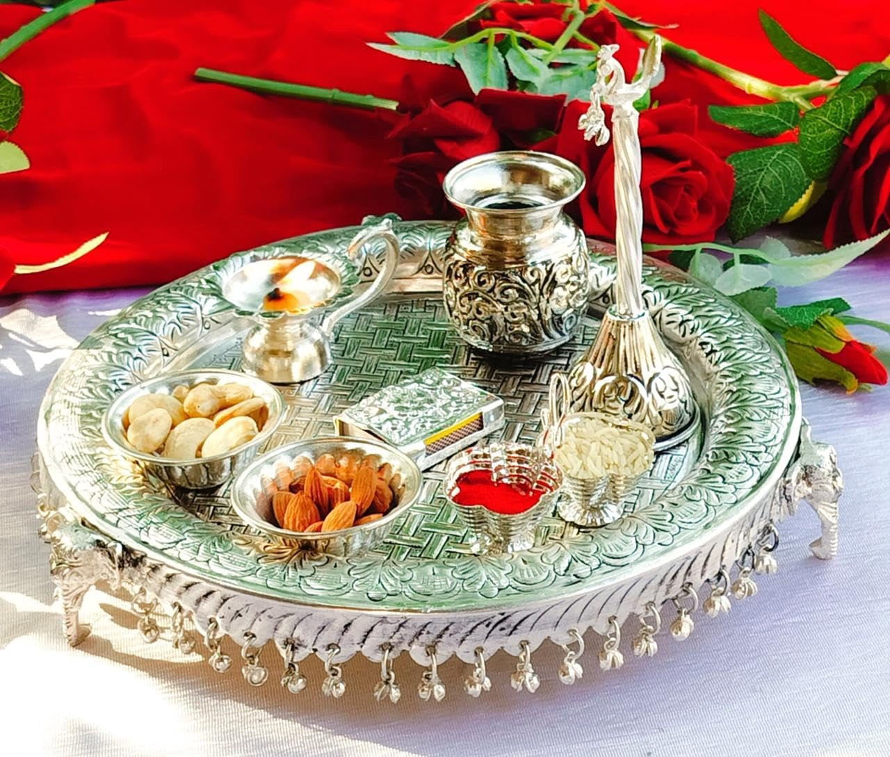 German silver elephant design nakkashi aarti thali set for housewarming ...