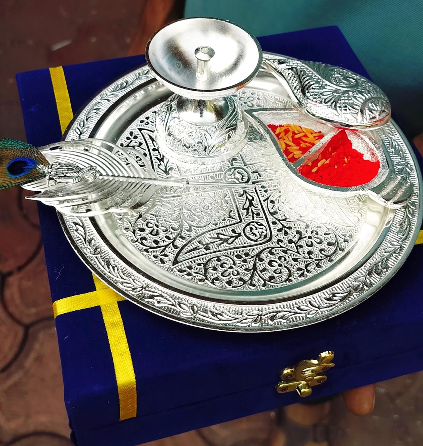 German silver enraved aarti thali with flute Krishna tika stick pooja ...