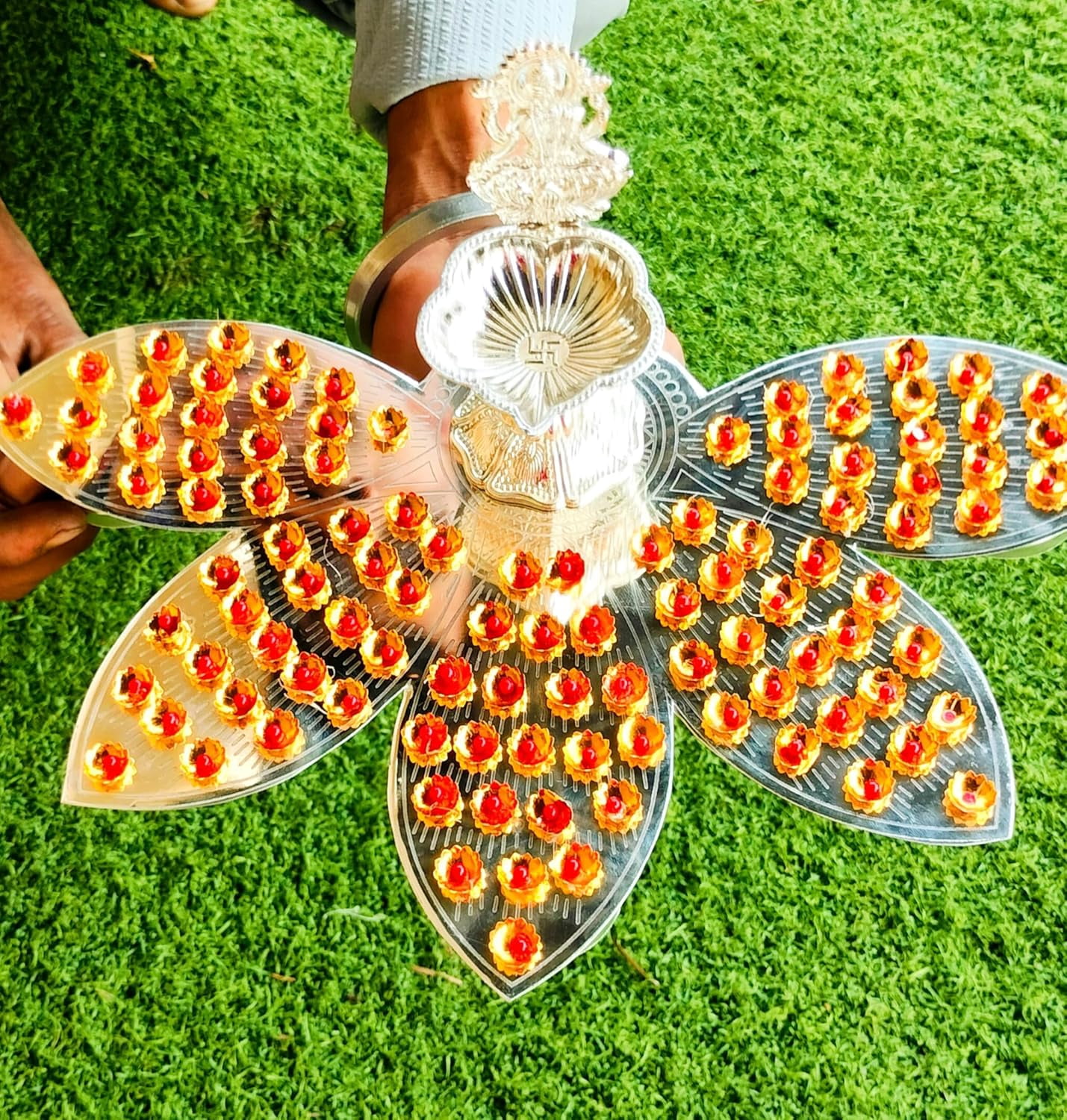 German silver lotus petals Ashtotram stand with 108 Golden red stone ...