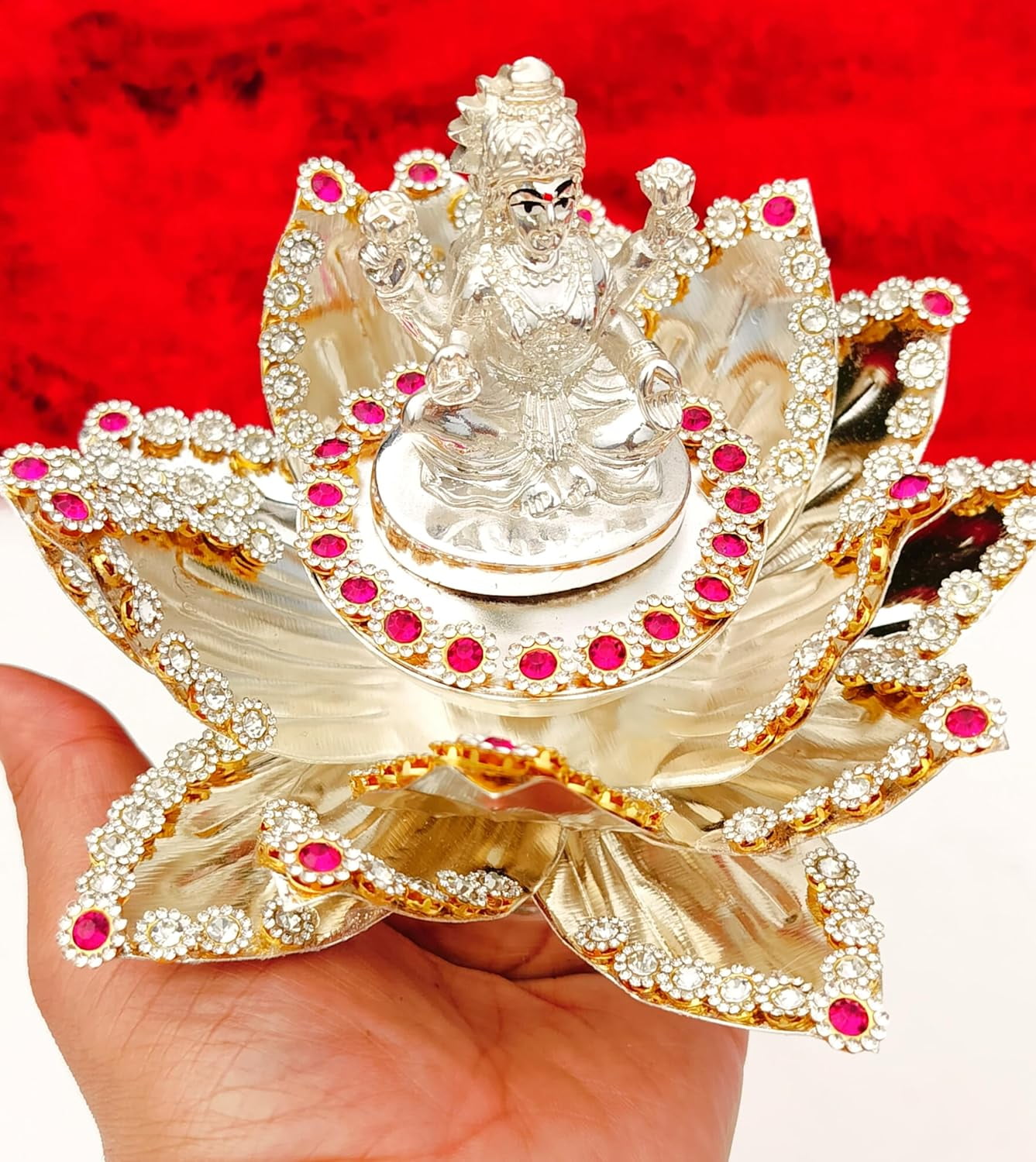 German silver lotus singhasan for goddess Lakshmi with stone work and ...