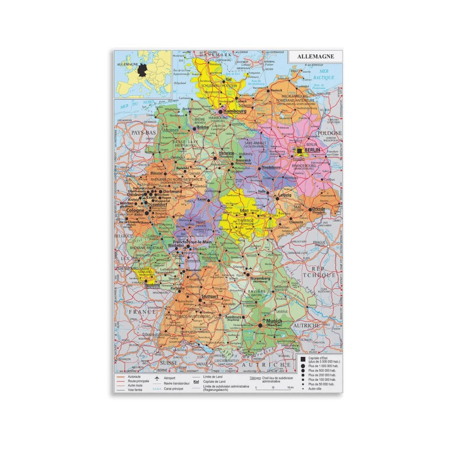 Germany Map Posters Posters Wall Art Painting Canvas Gift Living Room ...
