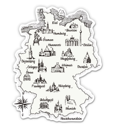 Germany Map with Cities Travel - 5" Vinyl Sticker - For Car Laptop I ...