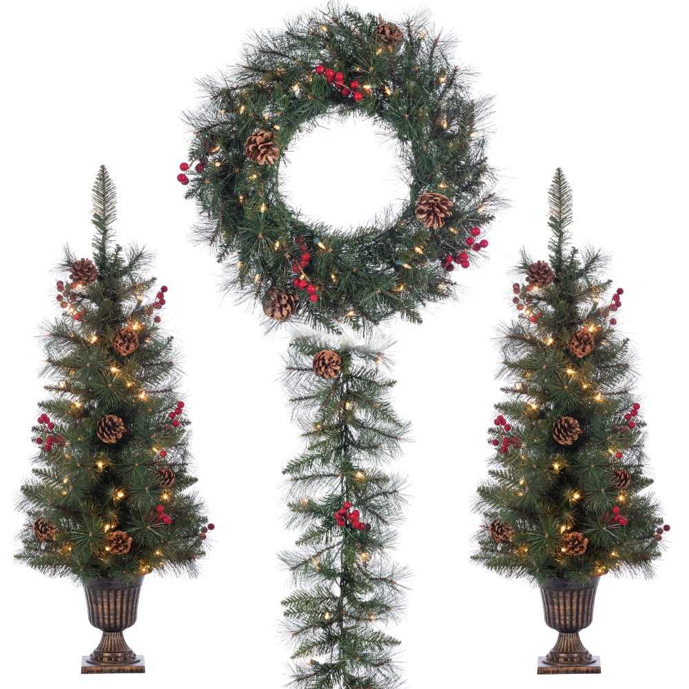 Deluxe 4 Piece Jefferson Pine Holiday Decor Set with Clear and Warm ...