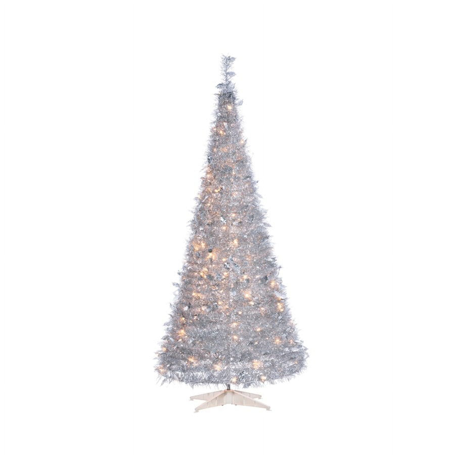 Gerson Companies 6 Feet Pop-Up LED Silver Tinsel Tree with Holly Leaves ...