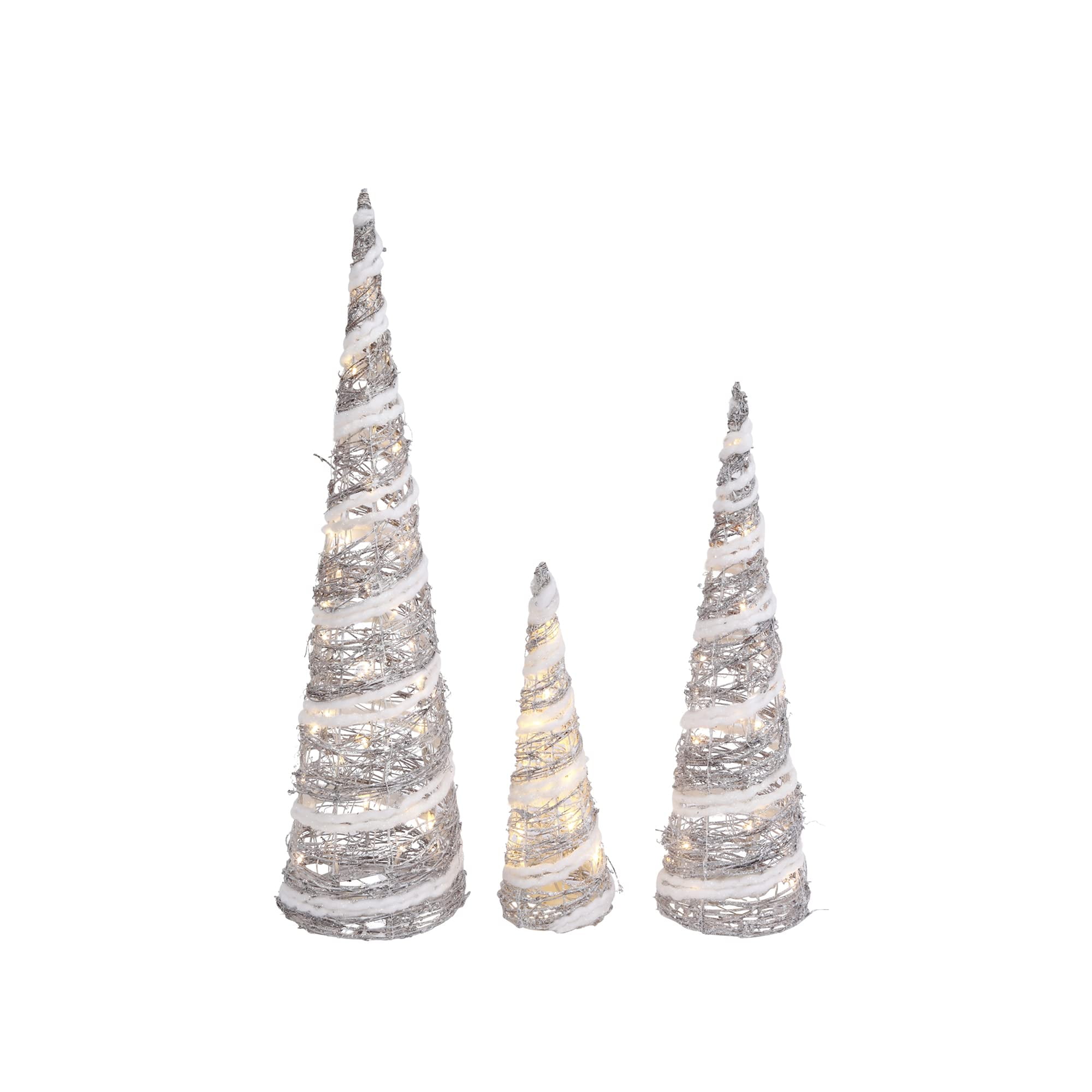 Lighted 3 Pc Silver Twig Cone Trees Set White Ribbon Glitter Holiday ...