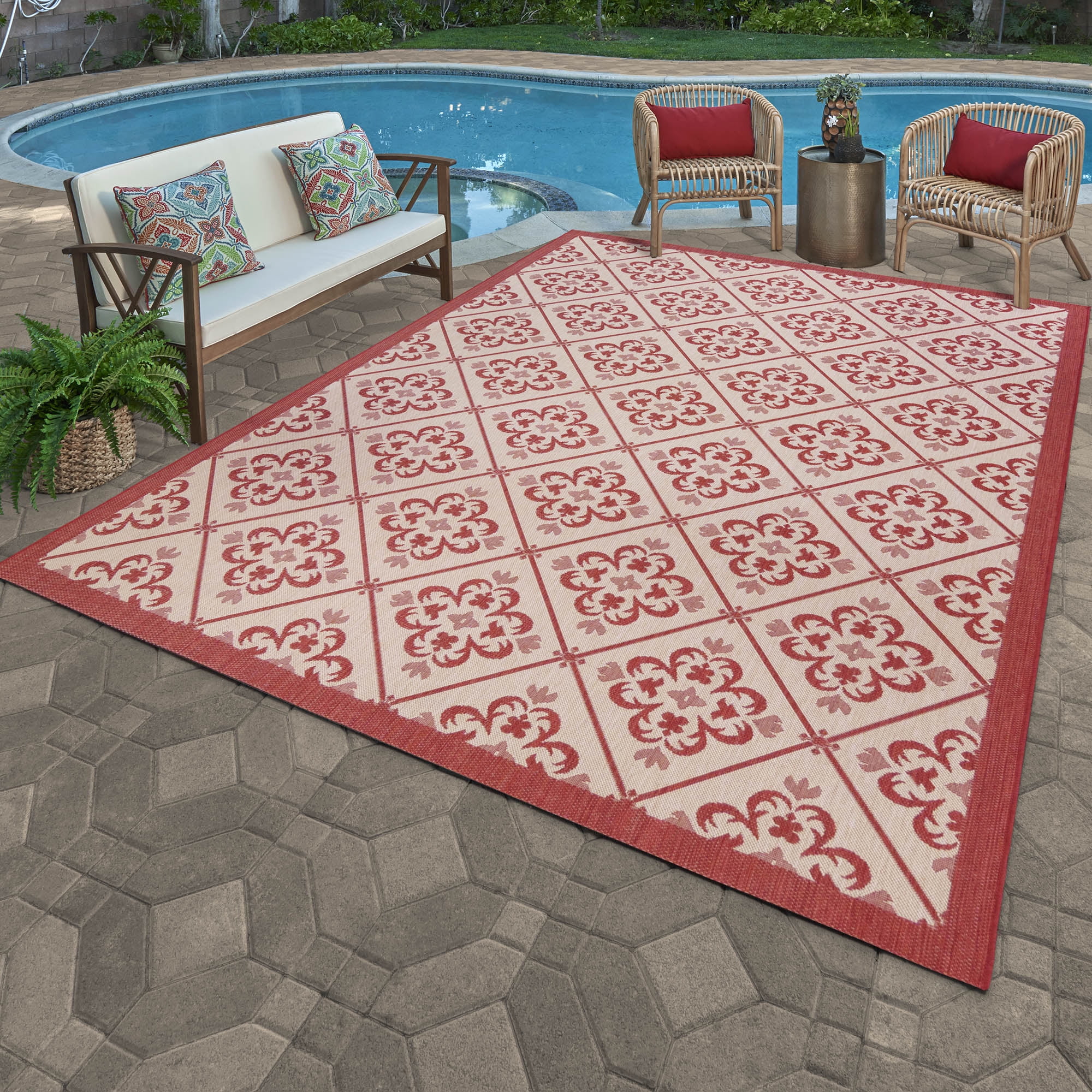 Gertmenian Paseo Bran Transitional Damask Red and Sand Outdoor Area Rug ...