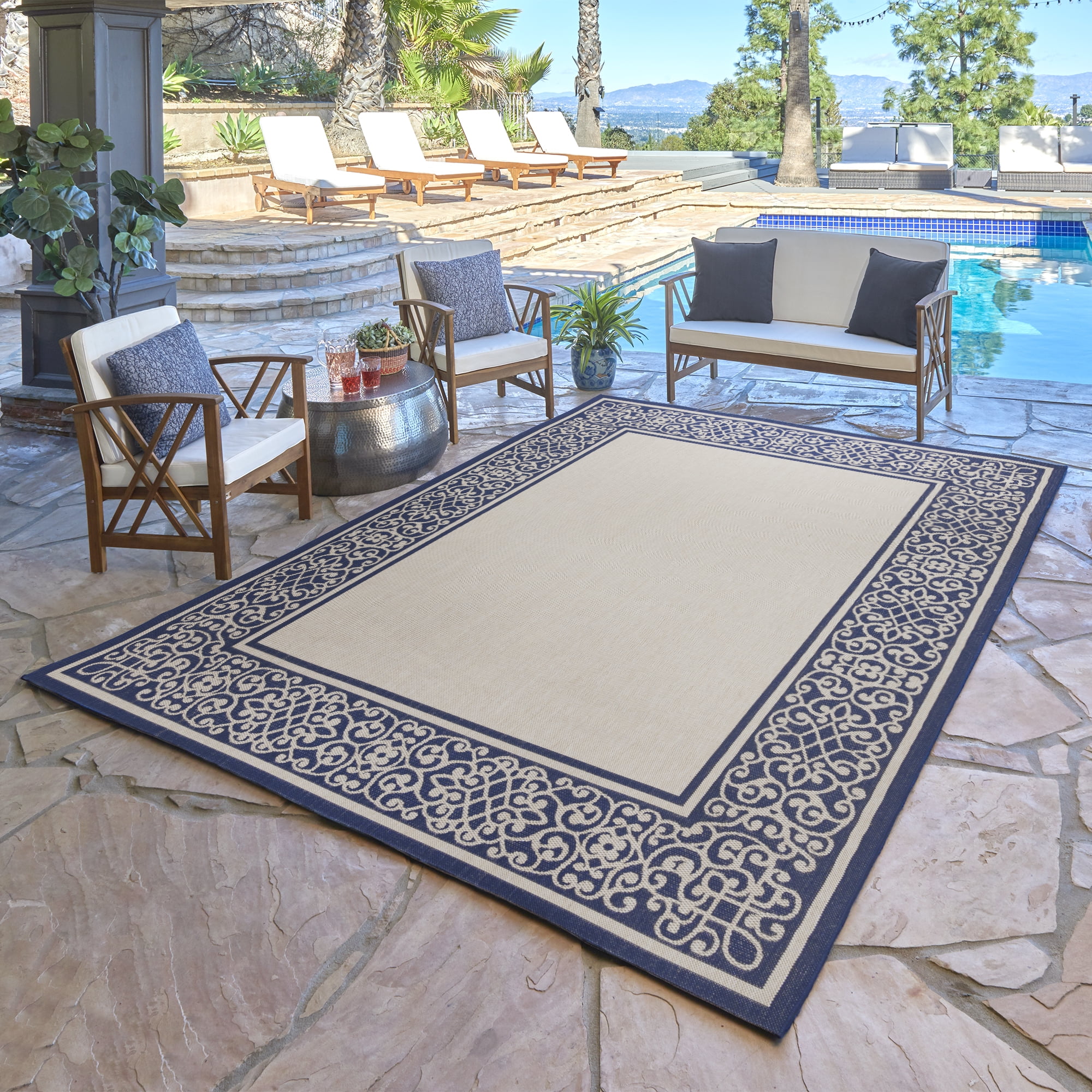 Gertmenian Paseo Tedo Transitional Damask Sand/Navy Outdoor Area Rug ...