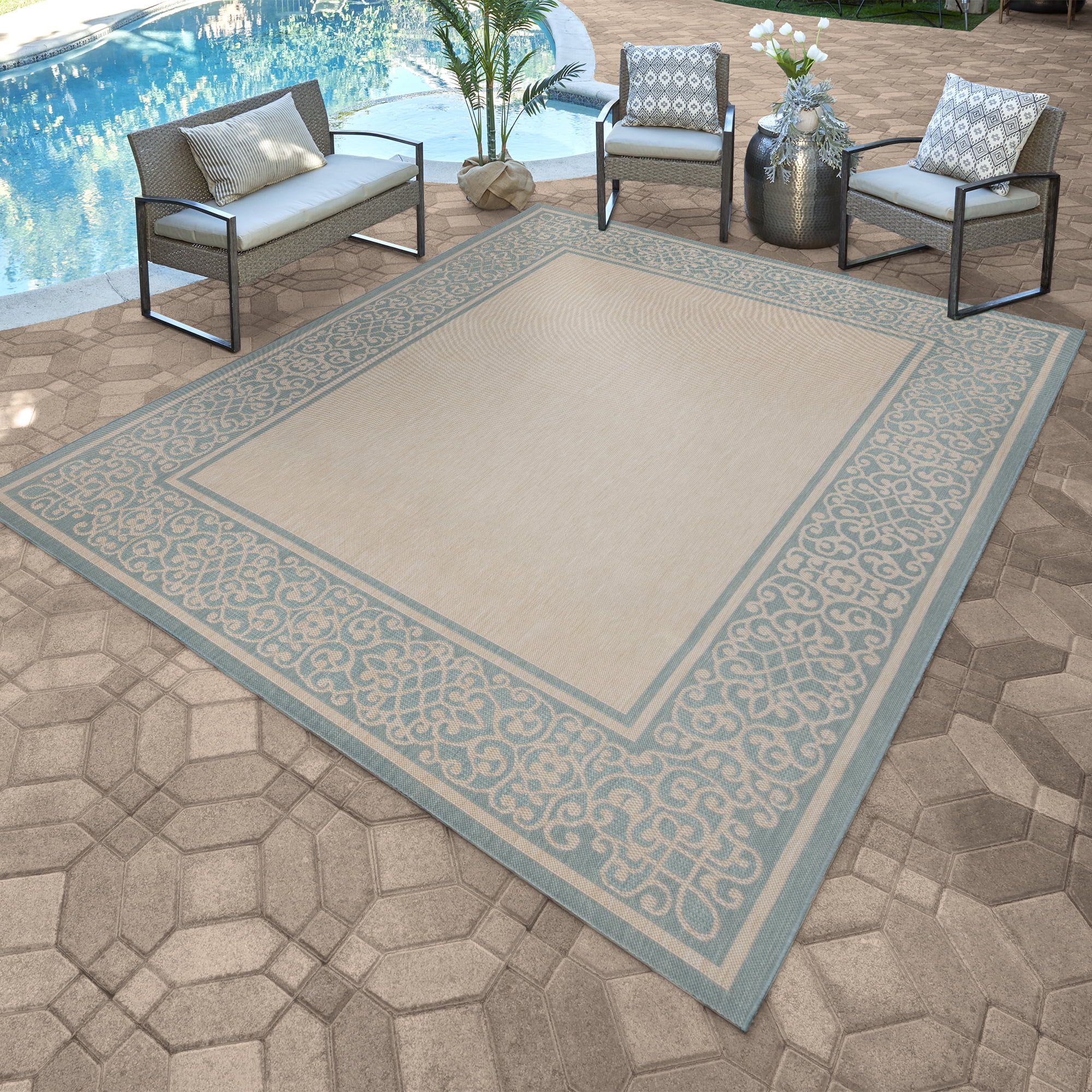 Gertmenian Paseo Tedo Transitional Damask Sand/Oasis Outdoor Area Rug ...