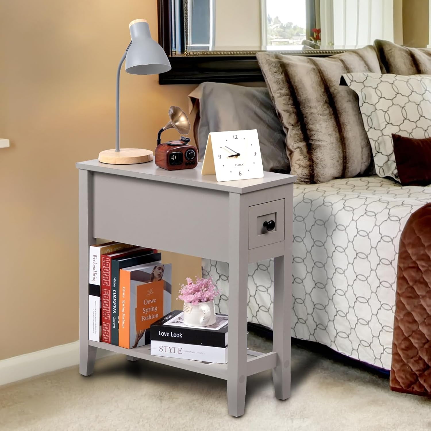 Gery Chairside Narrow End Table, Solid Recliner Side Table with Drawer ...