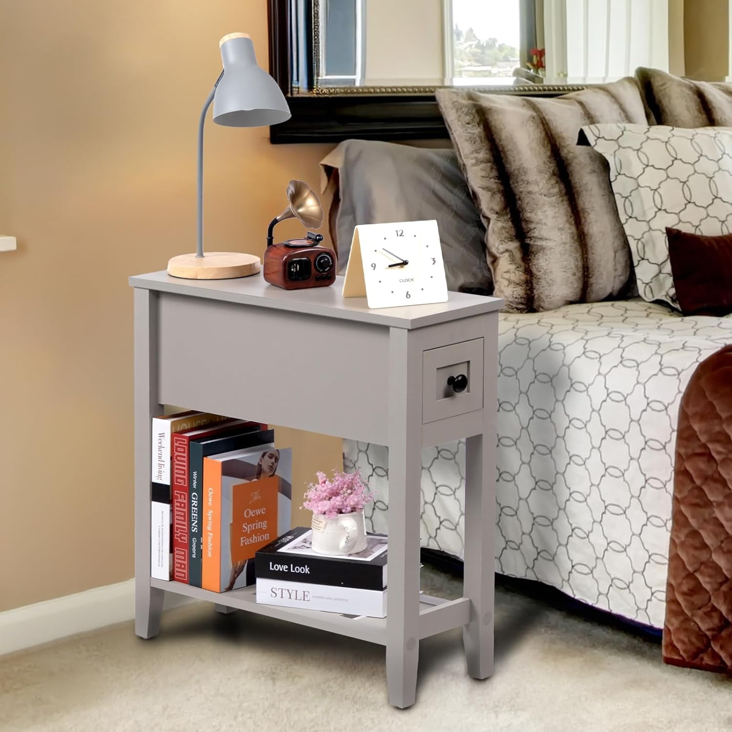 Gery Chairside Narrow End Table, Solid Recliner Side Table with Drawer ...