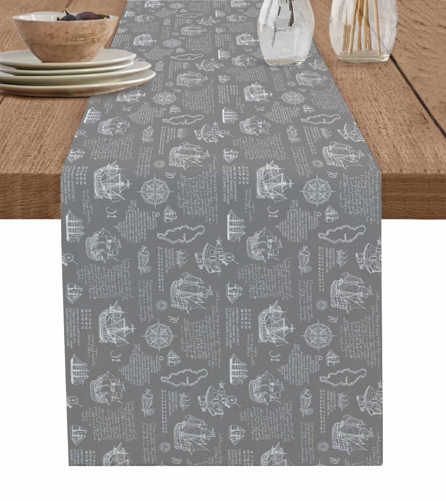 Gery Nautical Burlap-Cotton Table Runner 72 Inches Long,Coastal Ocean ...
