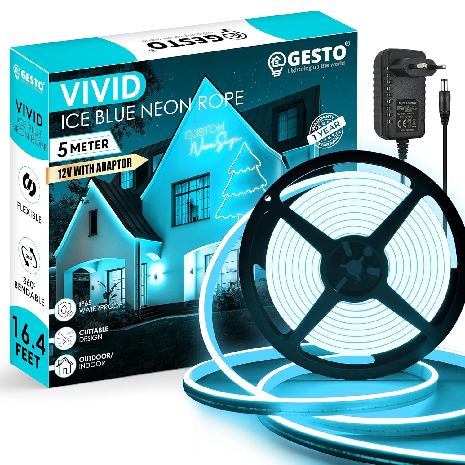 Gesto 164Feet Long with 12V Adaptor LED Neon Strip Rope LightsFlat ...