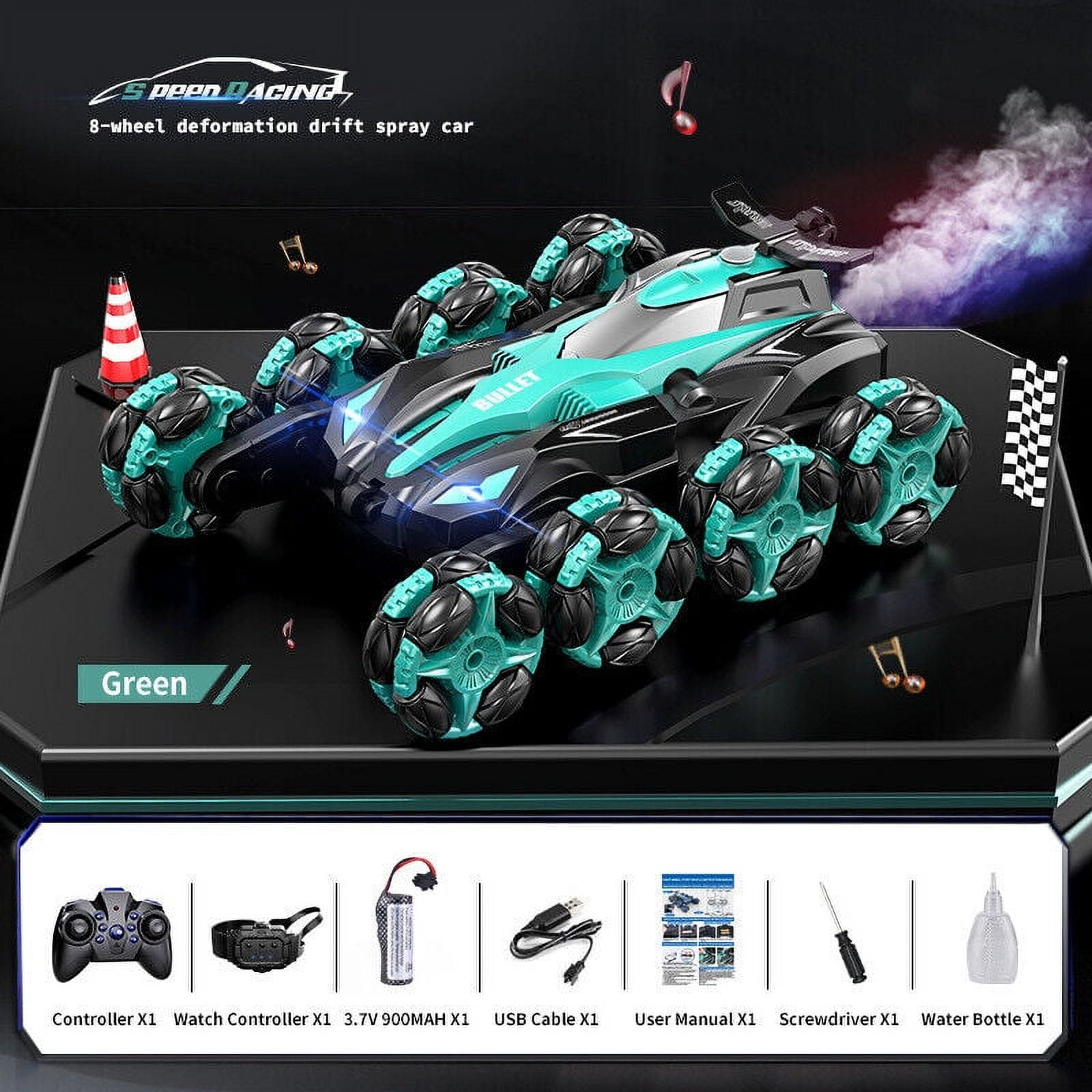 Gesture Sensing RC Stunt Car with Light Music Tail Spray, Eight Wheels Stunts Spray Drift Car, 2 ...