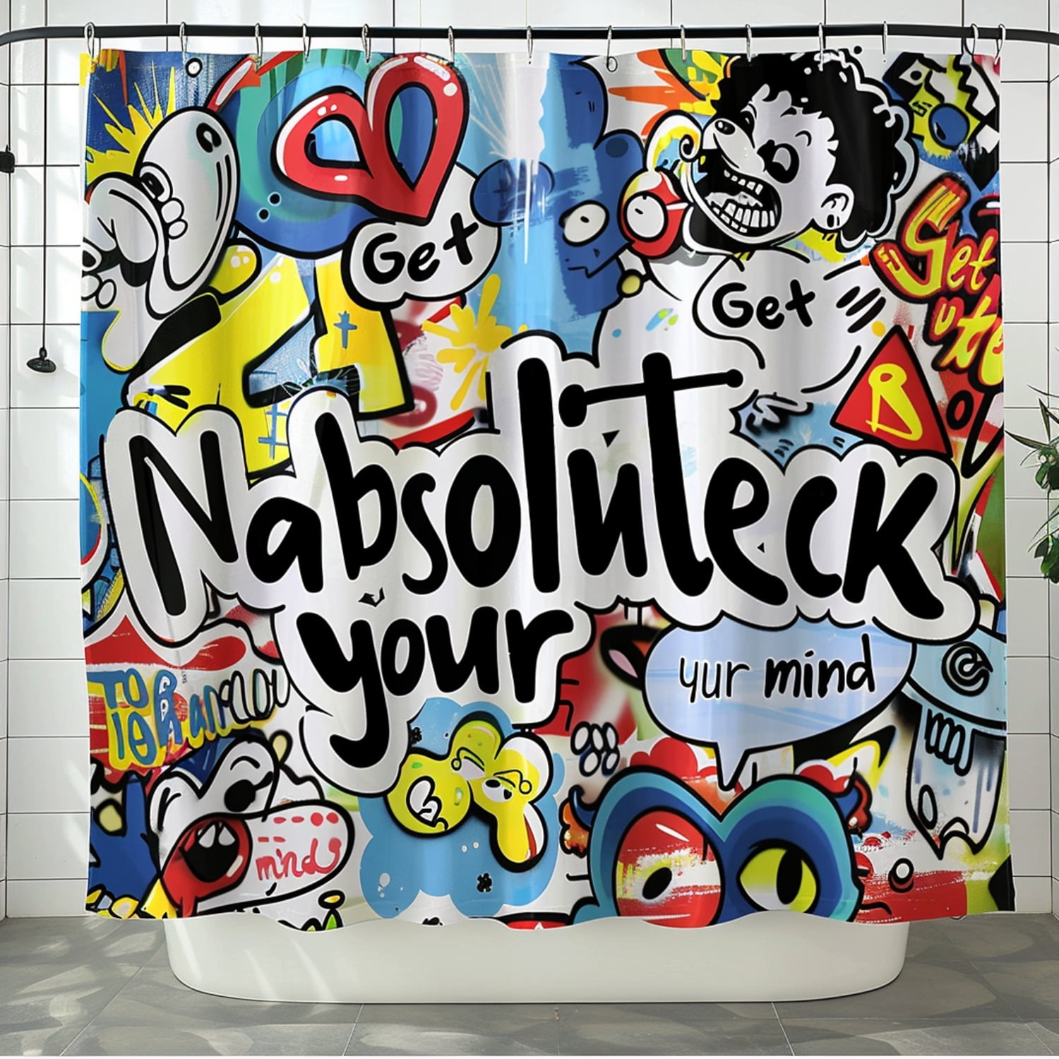 Get Nabsoluteck on Your Mind Graffiti-Style Bathroom Curtain with Cartoon Characters Urban ...