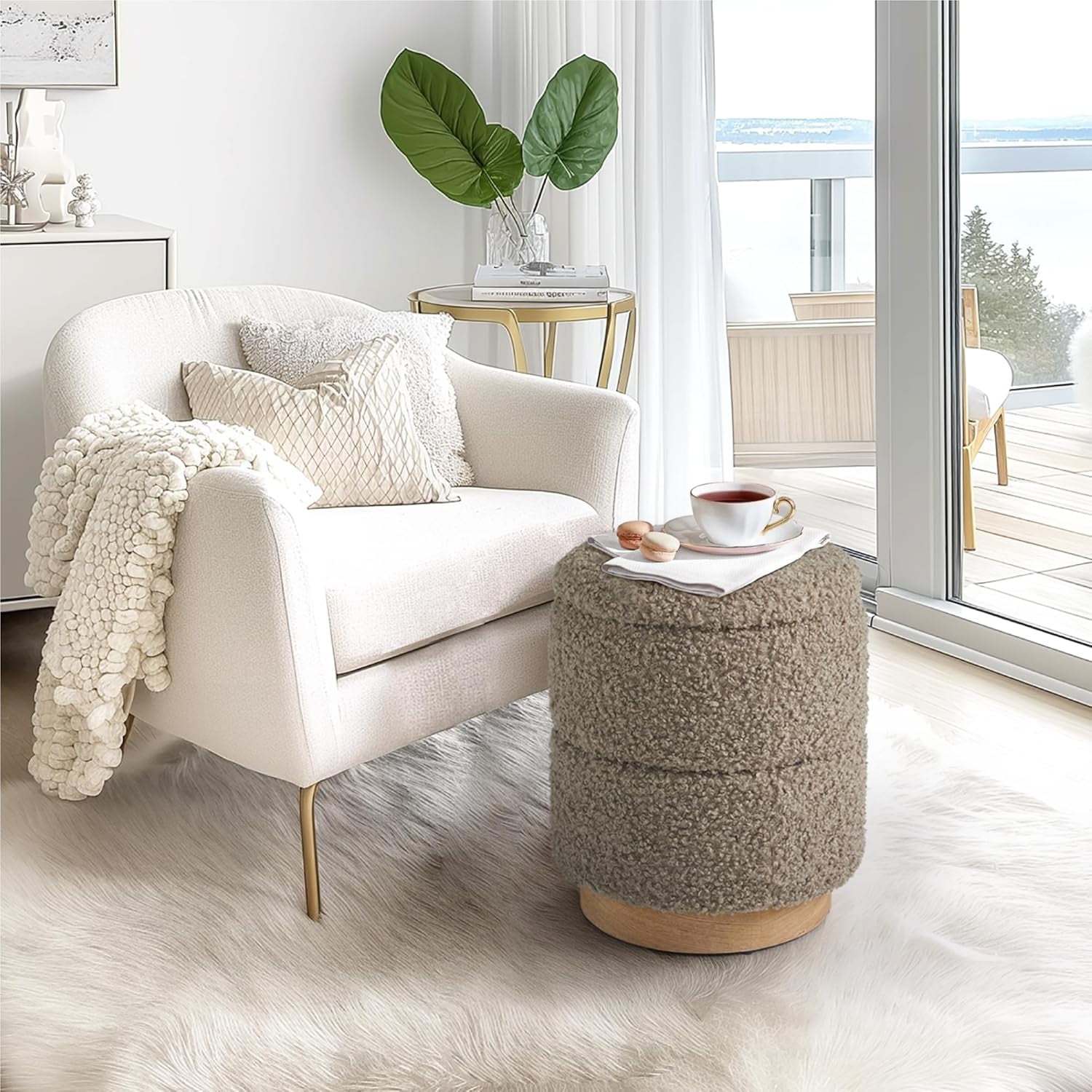 Get Set Style Round Ottoman with Storage, Modern Boucle Ottoman ...