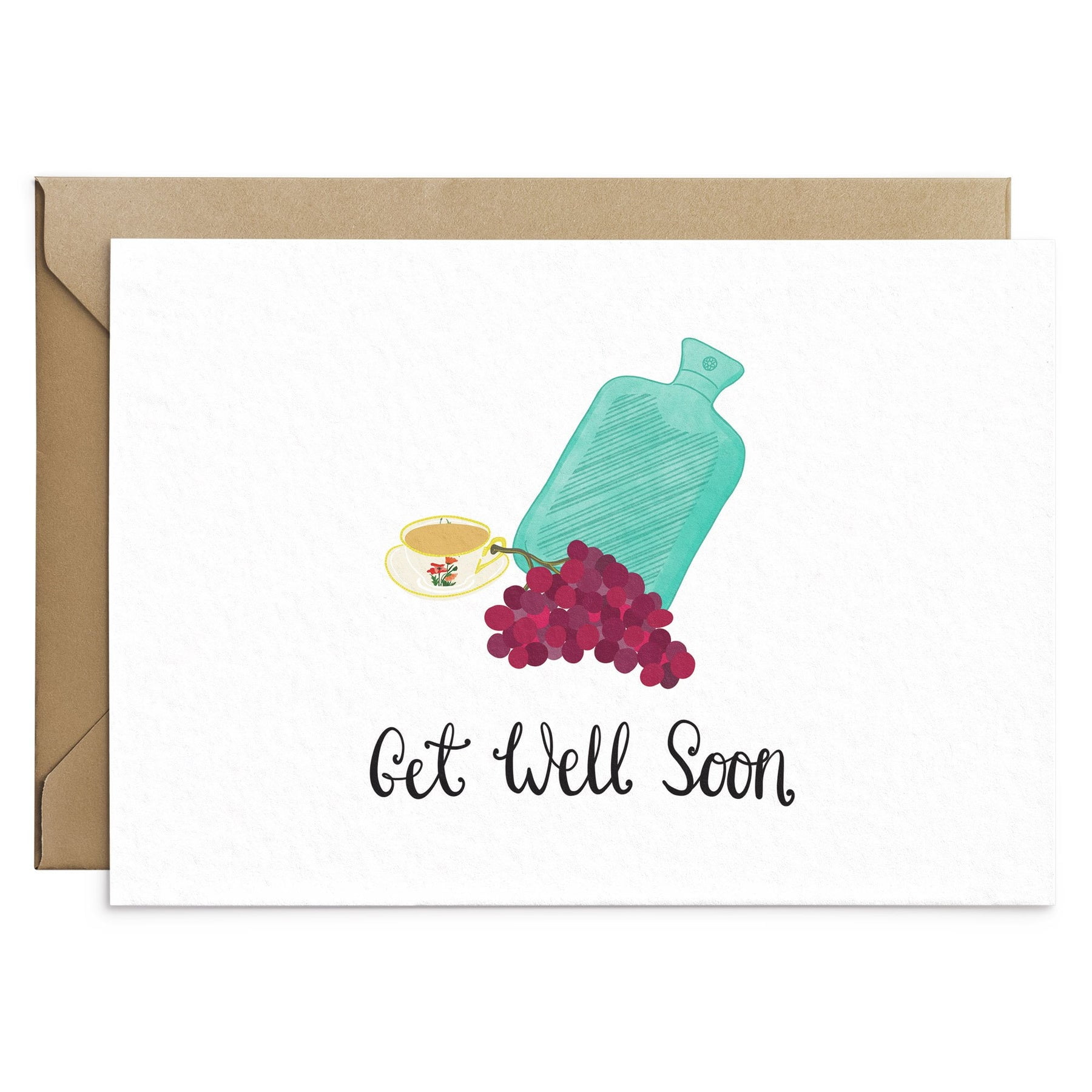 Get Well Soon Card with Bottle and Tea Illustration – Blank Inside for ...