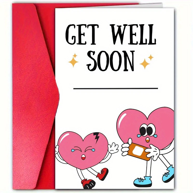Get Well Soon Card – Cute Heart Characters, Bright Design – Ideal for ...