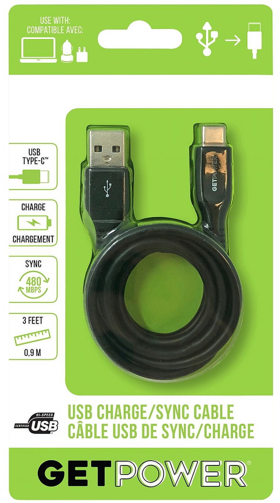 GetPower 3 Ft. Black USB-C to USB-A Charge/Sync Cable GP-USB-USBC ...
