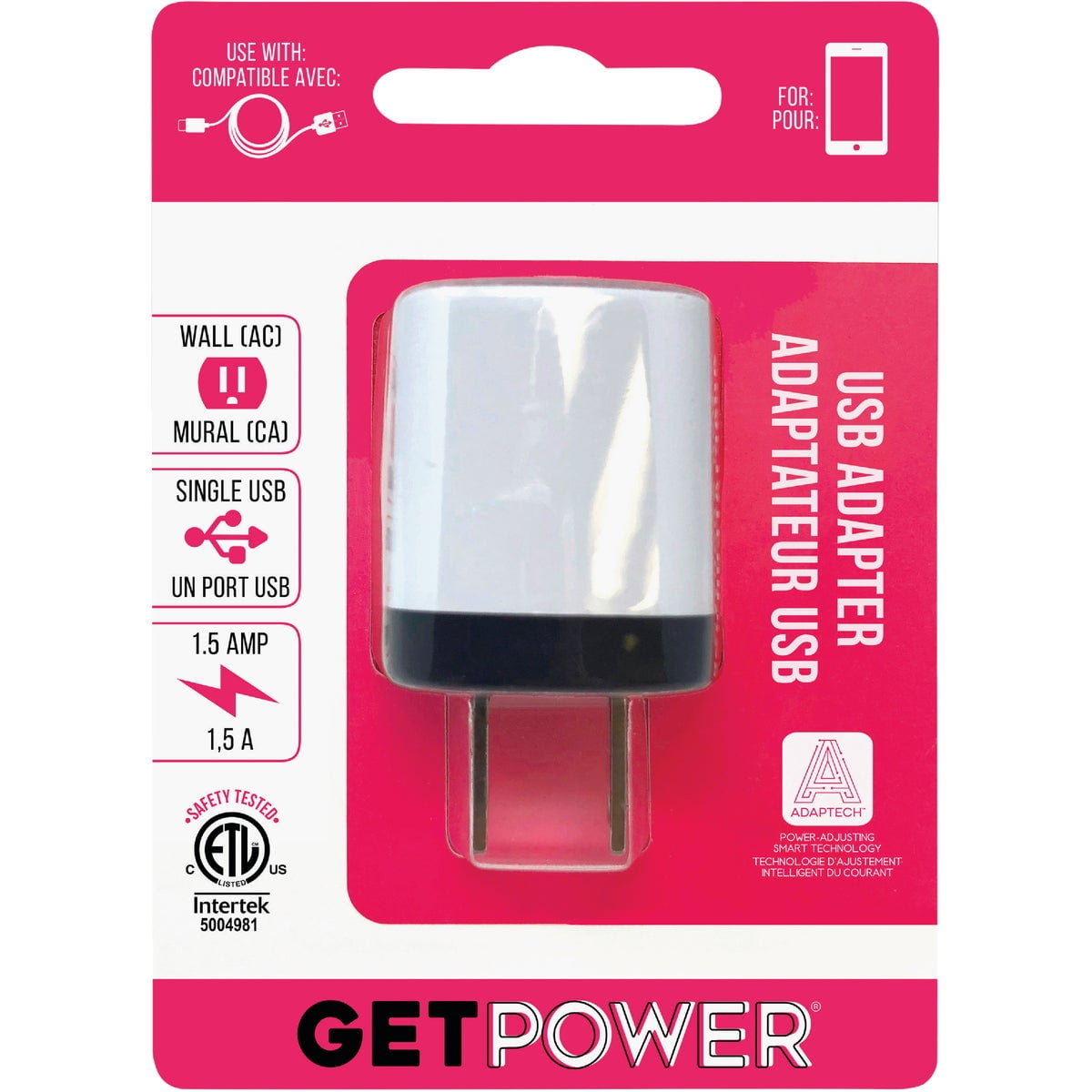 GetPower Single USB to AC White Wall Adapter Charger GP-ACETL-BLK ...