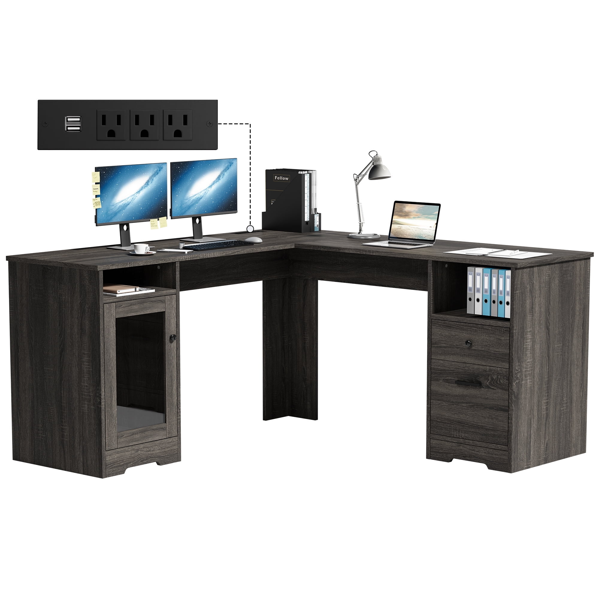 GetYes 60" L Shaped Desk with Drawers, Shelves, Power Outlet & USB ...