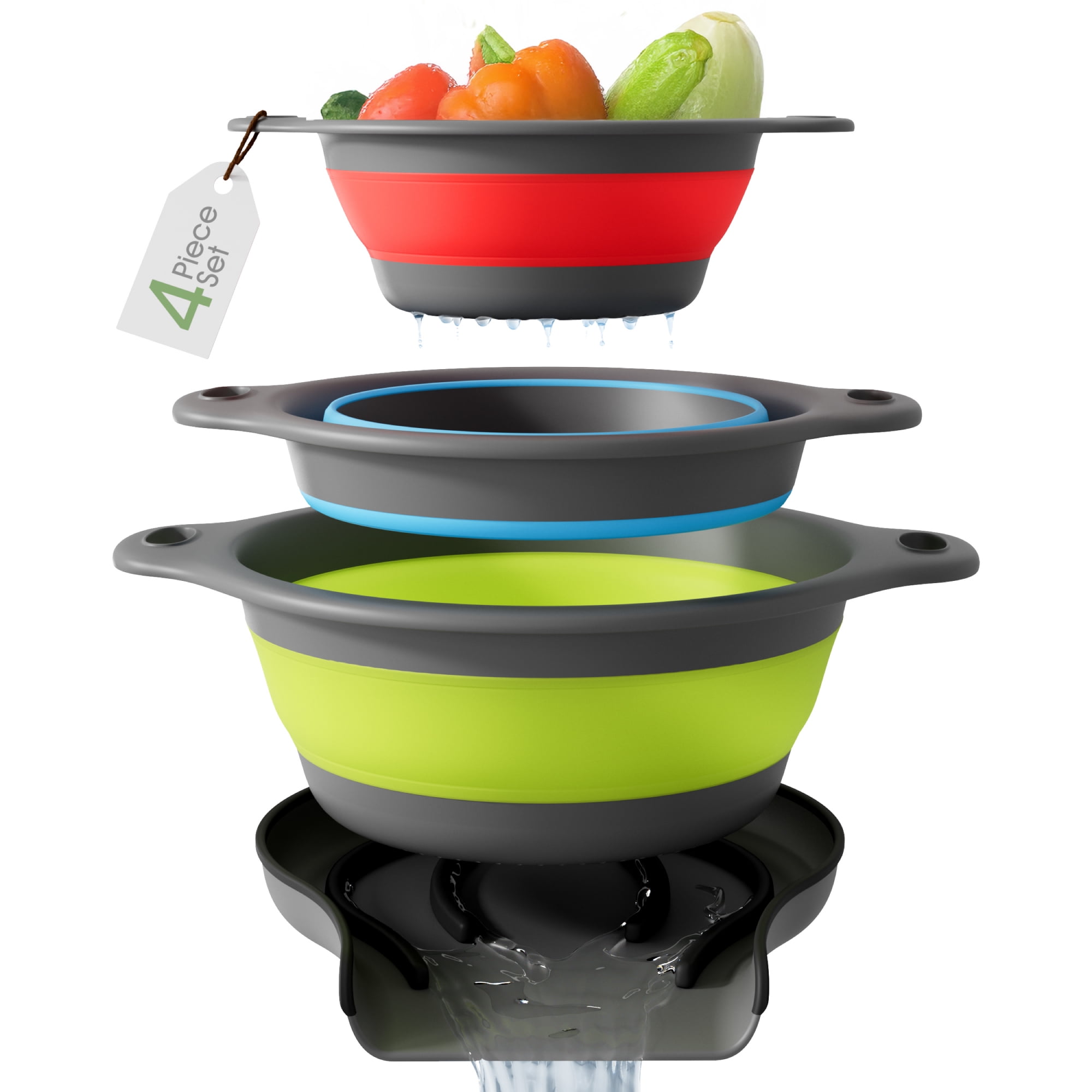 Gevoli Collapsible Colanders with Draining Tray, Set of 3 Sizes, BPA ...