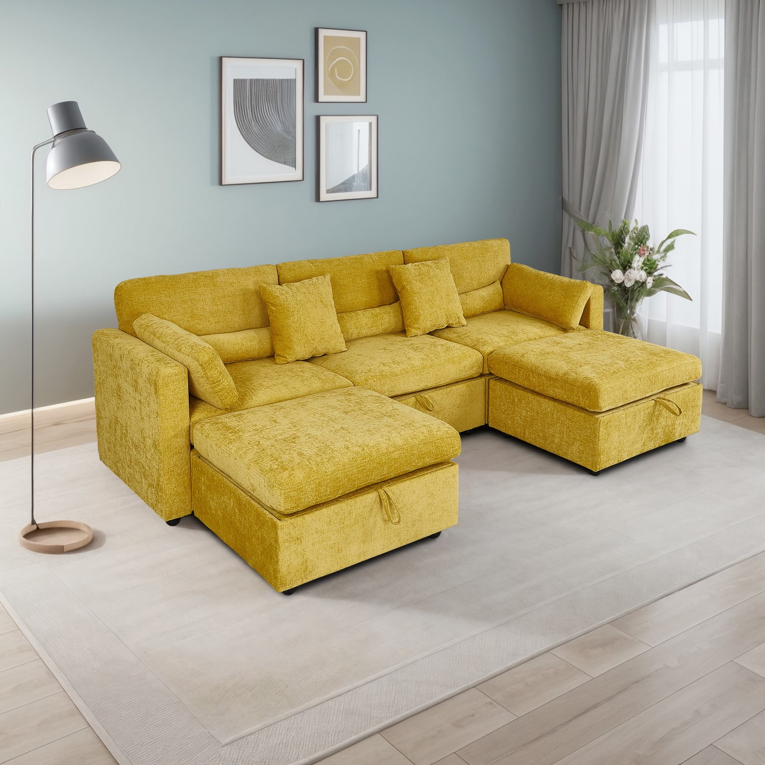Gewnee 3 Seats Comfy Chenille Sectional Storage Sofa with Convertible ...