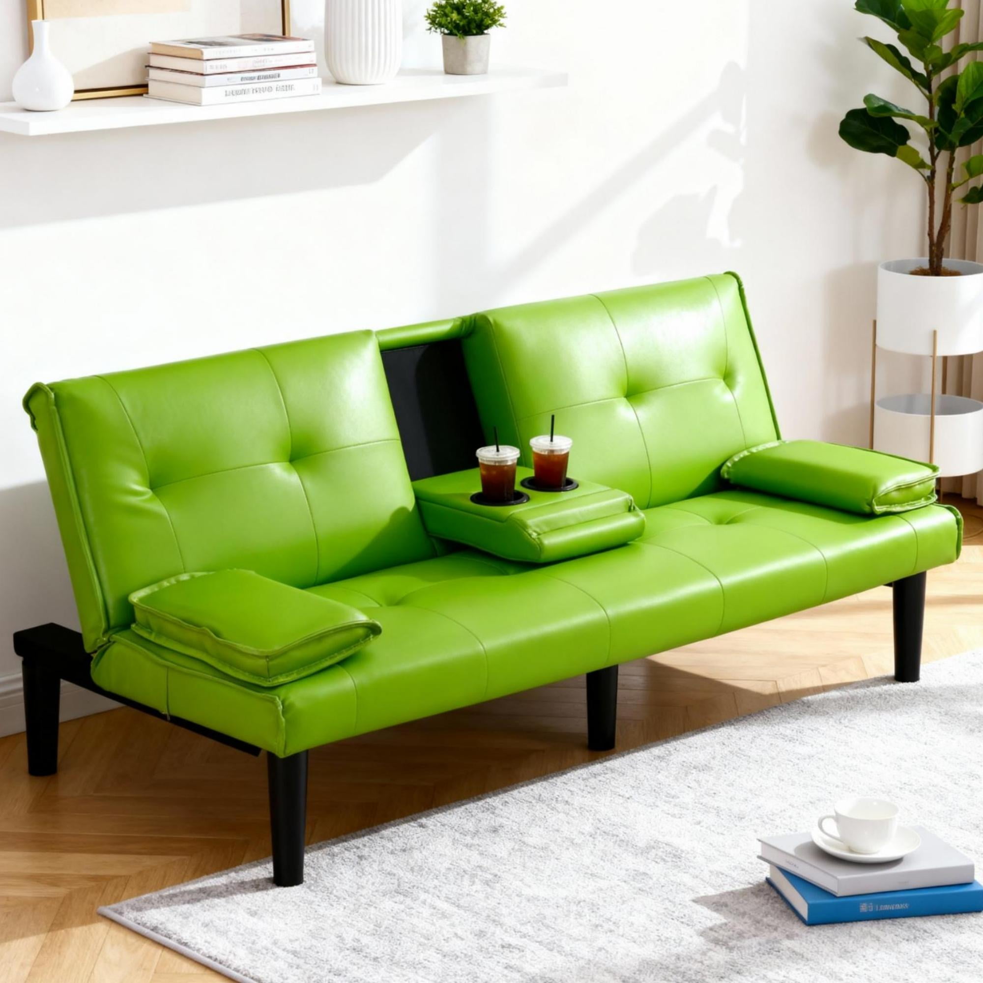 Gewnee 67 Inch Futon Sofa Bed,PVC Loveset Sofa with Cup Holder,Modern ...