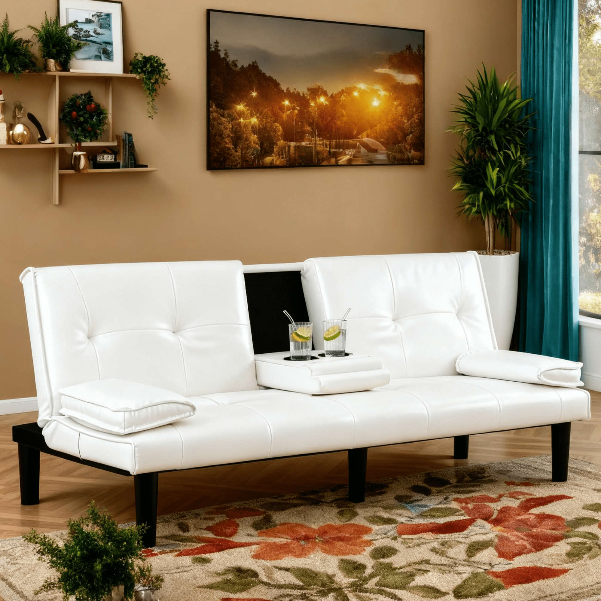 Gewnee 67 Inch Futon Sofa Bed,PVC Loveset Sofa with Cup Holder,Modern ...