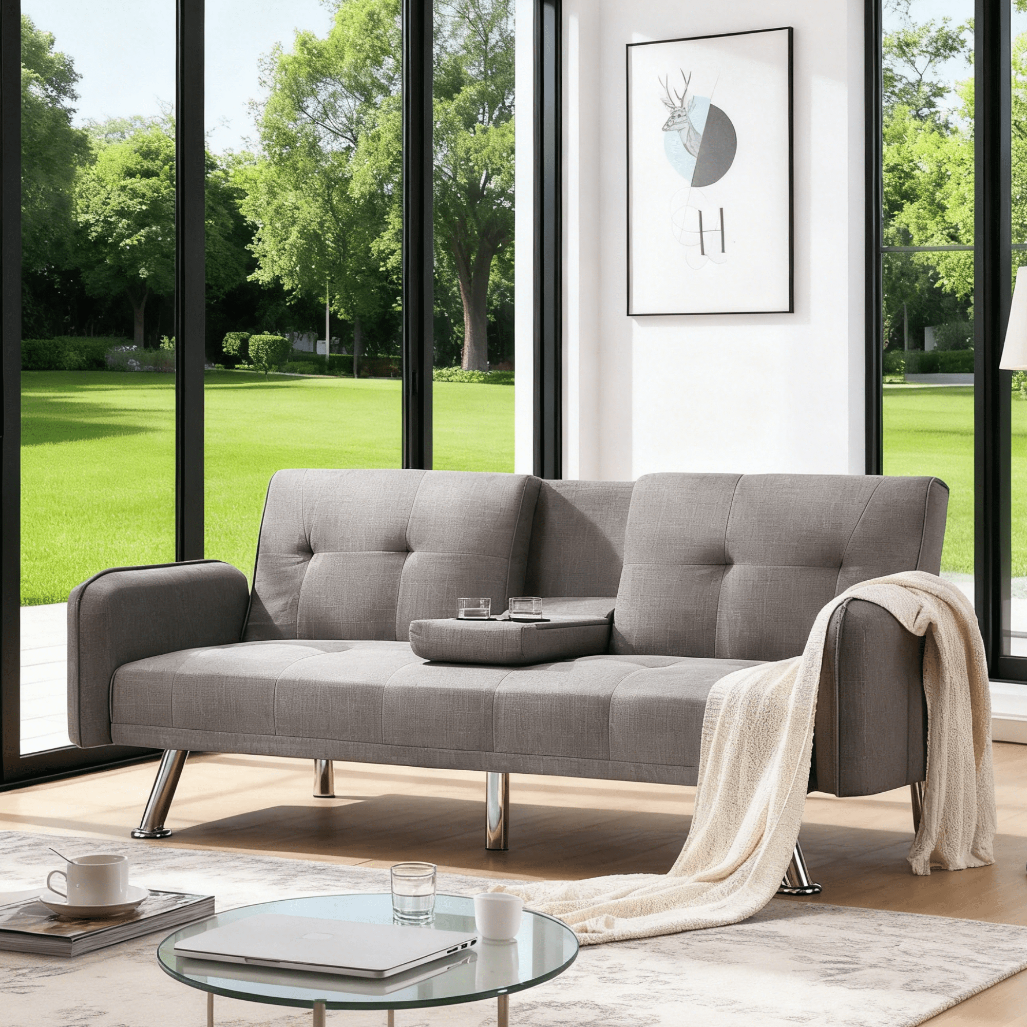 Gewnee 74.4” Futon Sofa Bed with 3-Angle Adjustable Backrest & Cup ...