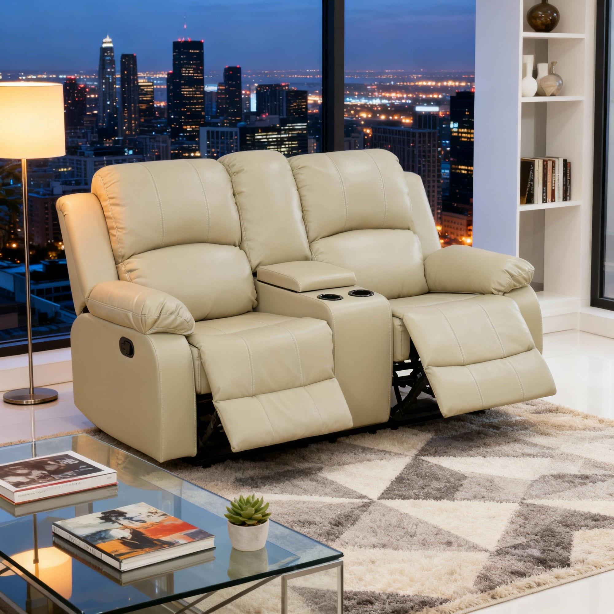 Gewnee Beige Loveseat with Console & Cup Holders, Air Leather & High ...