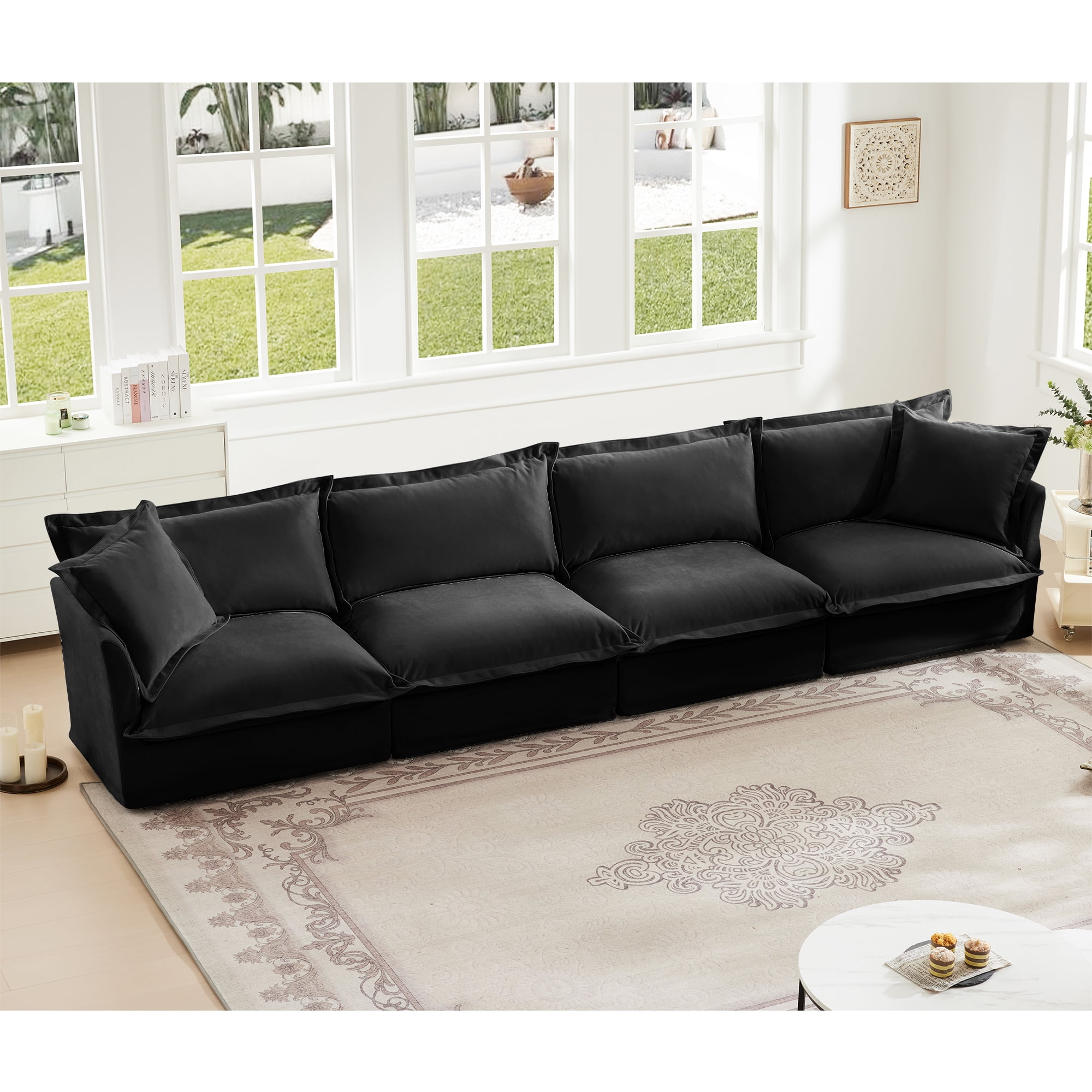Gewnee Chenille Black Deep Seat Oversized Slipcovered Long 4 Seater ...