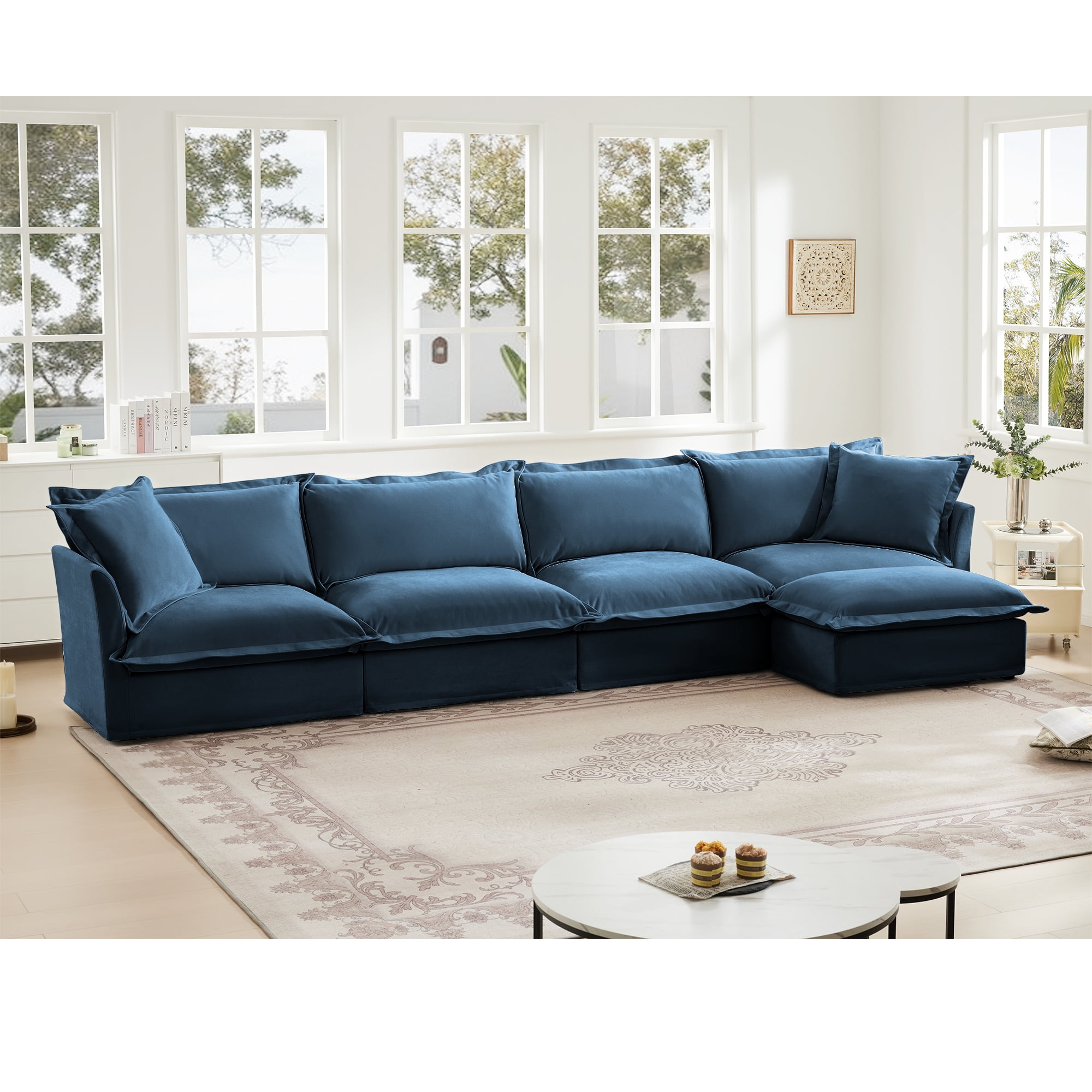 Gewnee Chenille Blue Deep Seat Oversized L Shape 4 Seater Sectiona Sofa ...