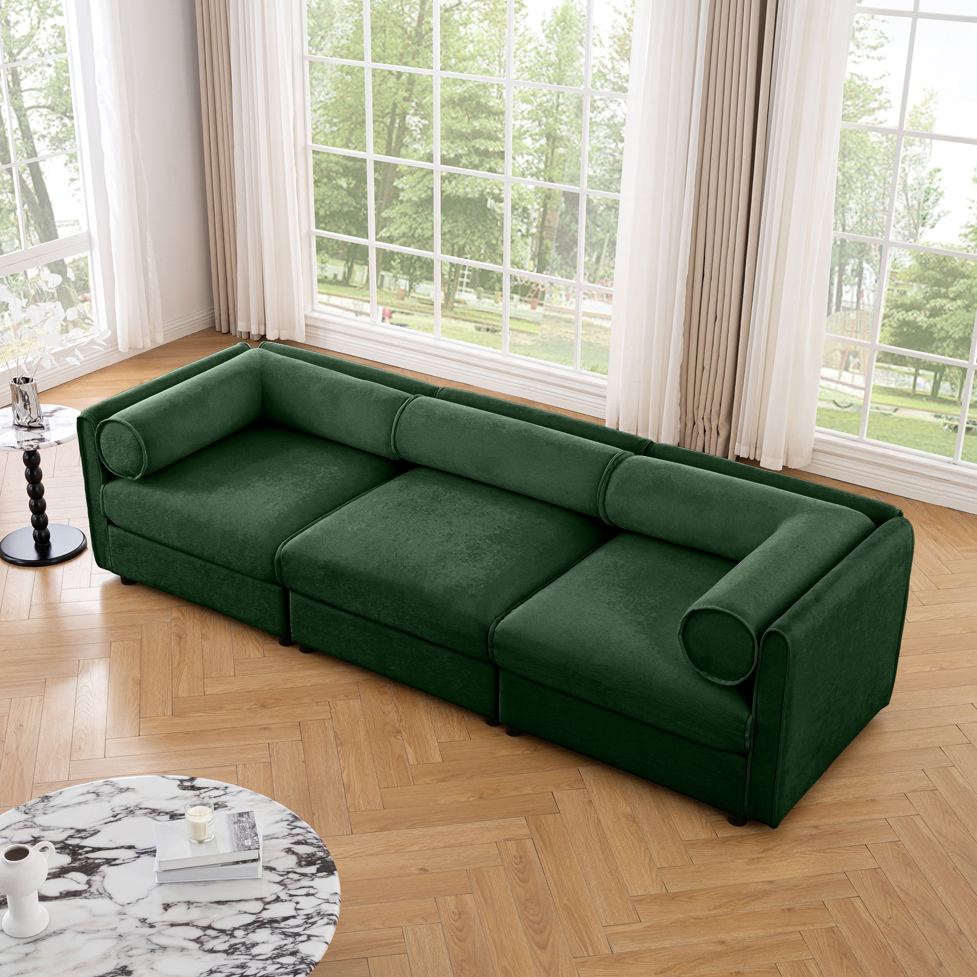 Gewnee Elegant 109" Deep Seat Green Chenille Sofa with Hidden Storage Seat, Cylindrical Backrest ...
