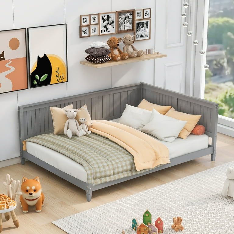 Gewnee Full Size Wood Daybed Low Bed Frame with Headboard and Sideboard for Kids Gray Walmart