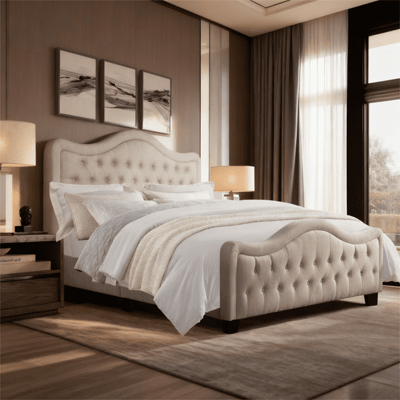 Gewnee King Size Bed Frame Upholstered in Linen.High Headboard and ...